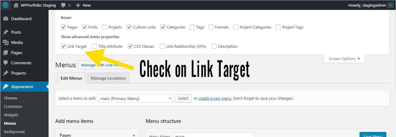 Open Custom Links In A New Window Tab WordPress WPPortfolio