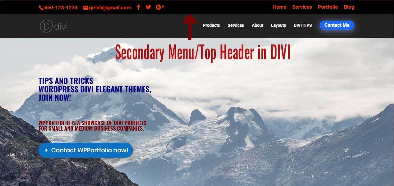 Hide DIVI Top Header Secondary Menu On Scroll WPPortfolio